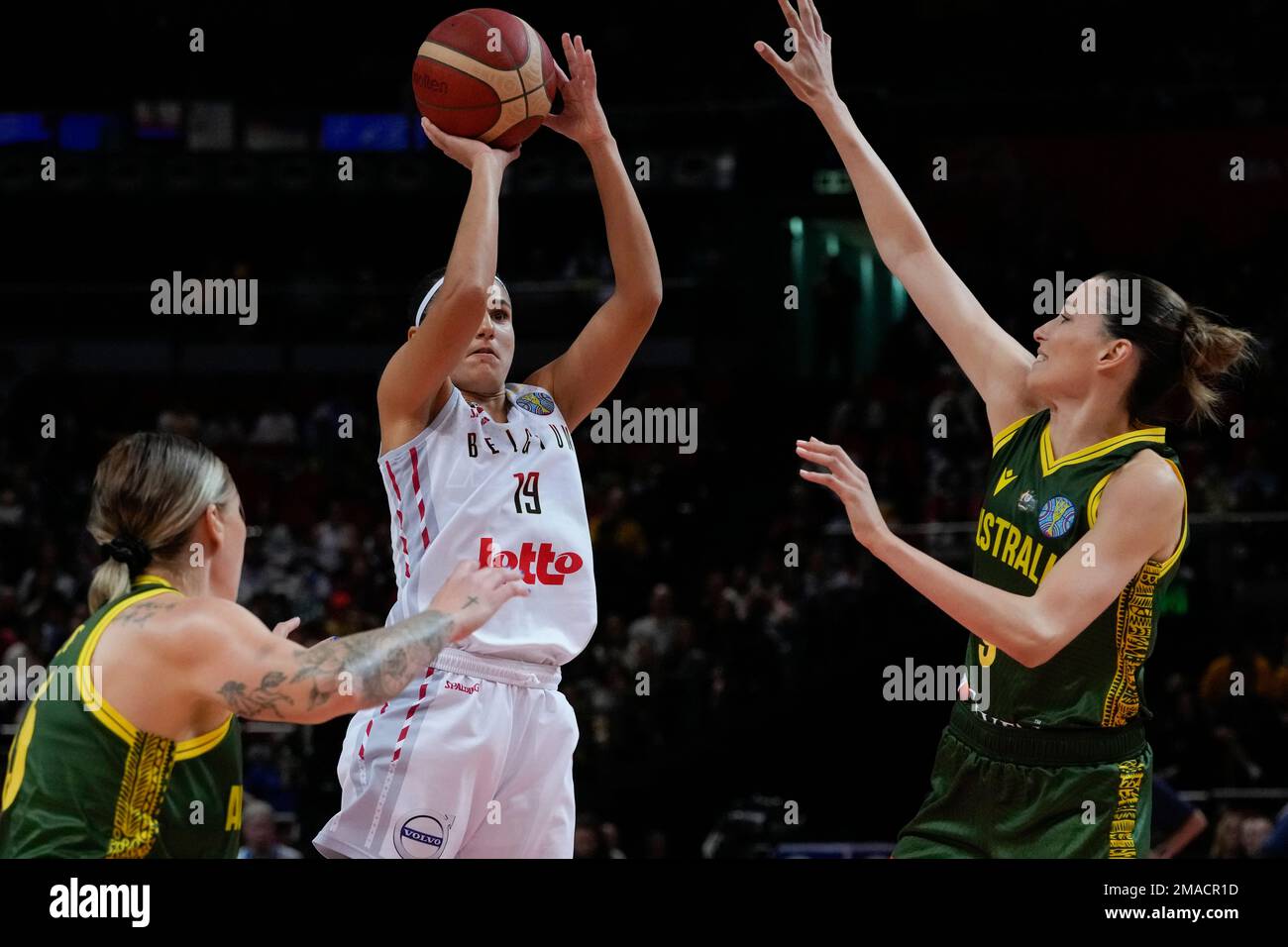 Belgium's Hind Ben Abdelkader takes a shot at goal as Australia's Cayla ...