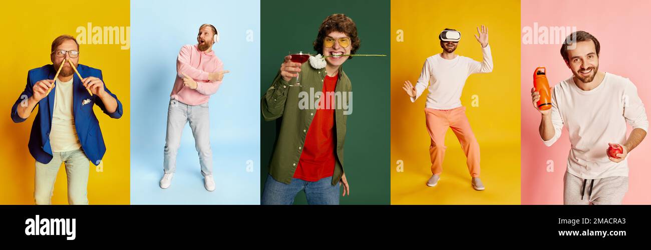 Collage made of portraits of happy young diverse men in different ...