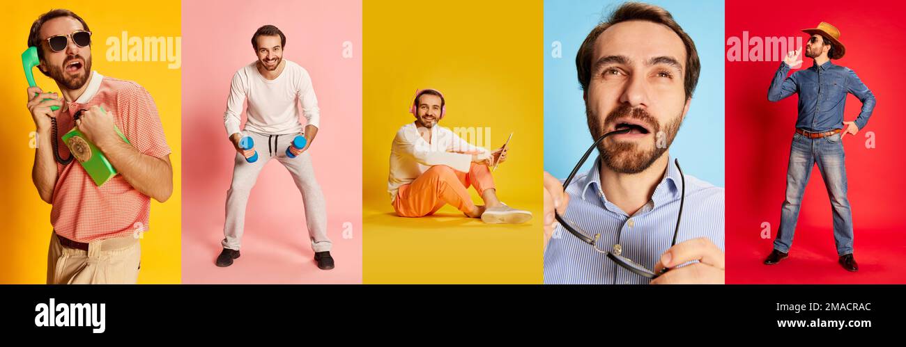 Collage. Portraits of bearded emotional man in different style clothes ...