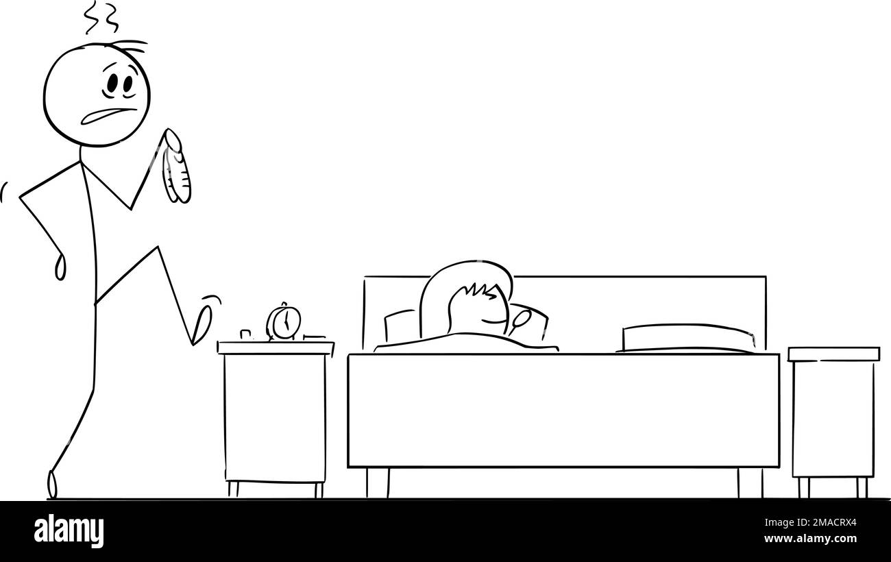 Drunk Man Sneaking In To Bedroom With Sleeping Woman Vector Cartoon