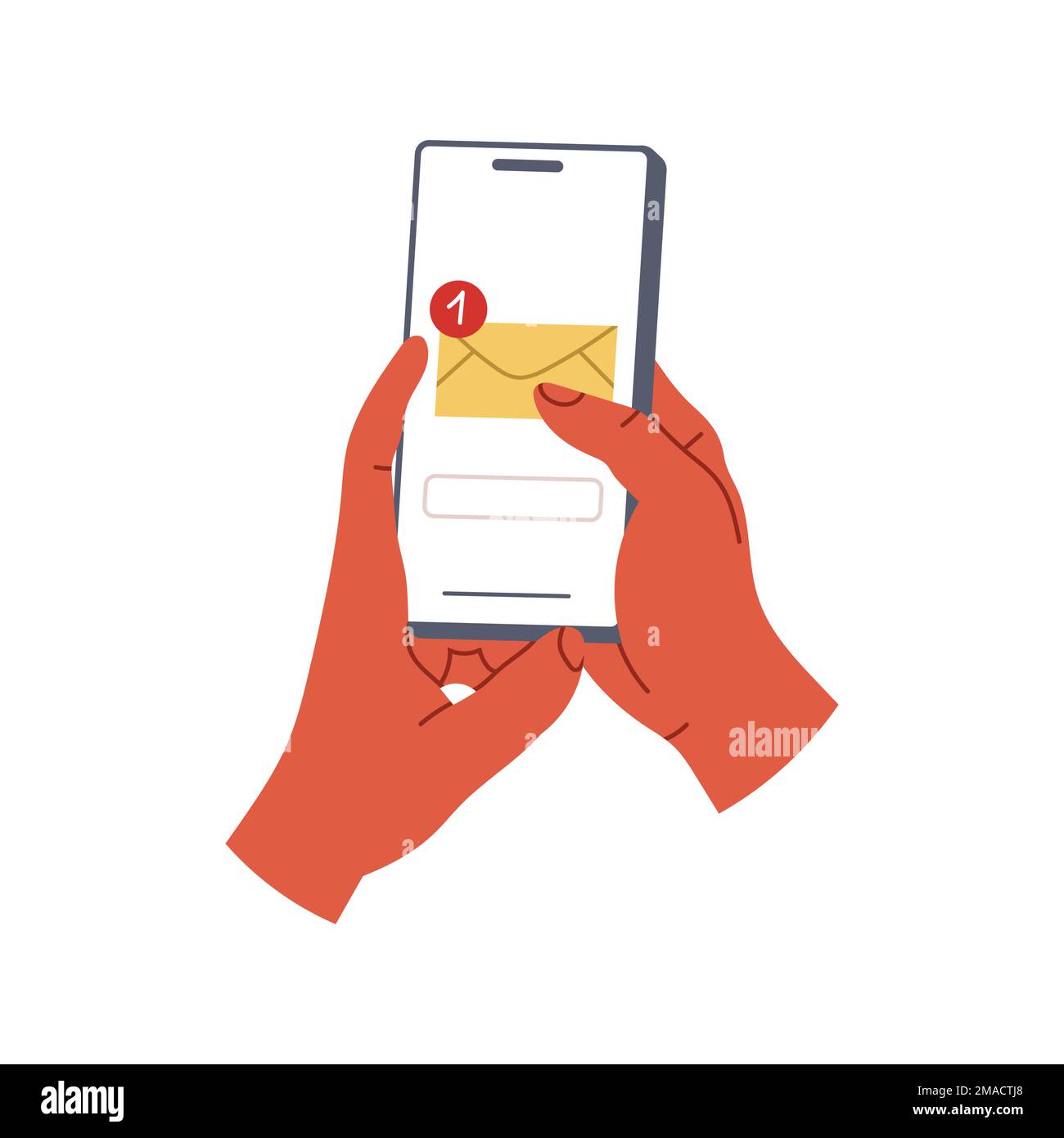 Hand holding phone and check email. Flat vector illustration isolated ...