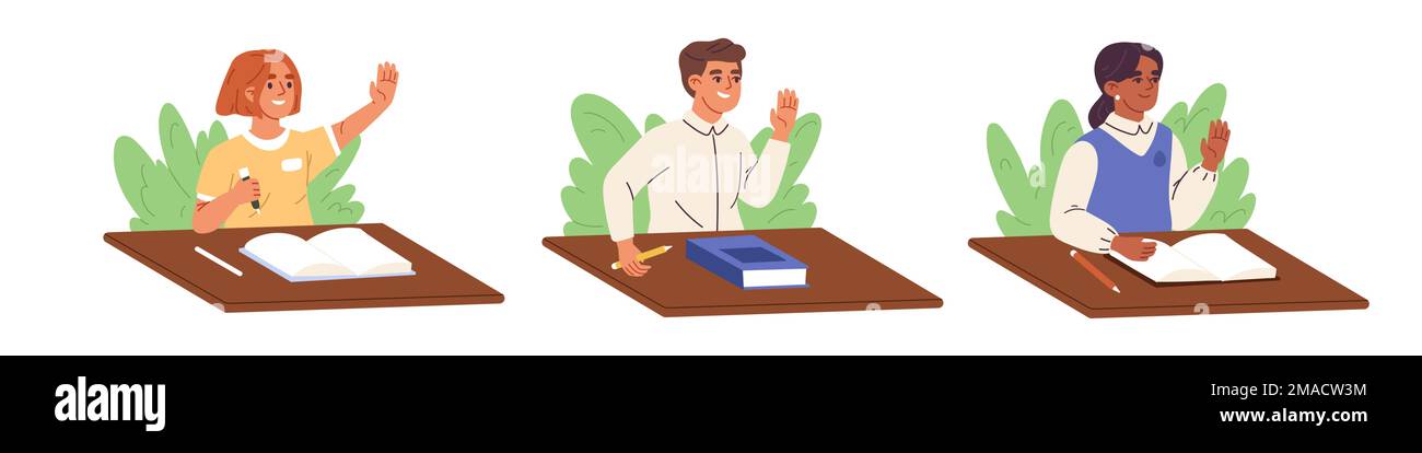 Boys and girls school student raising hand to answer. School and ...
