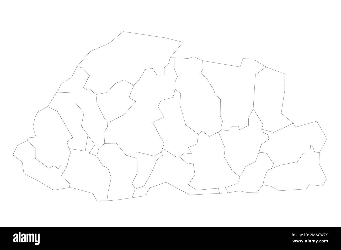 Bhutan political map of administrative divisions - districts. Blank outline map. Solid thin ...