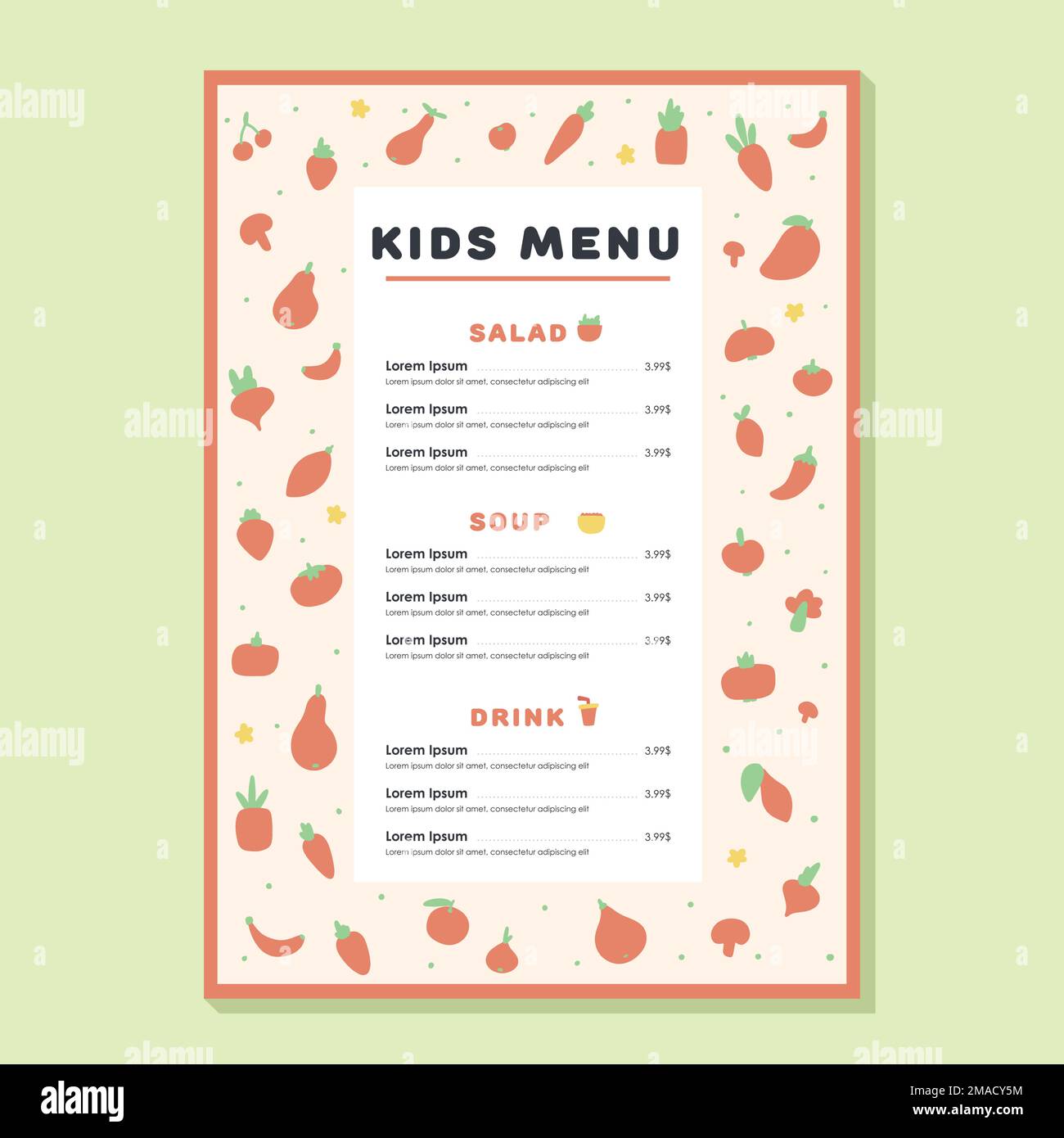 Kids menu meal template. Healthy vegetables and fruits. Vector design ...
