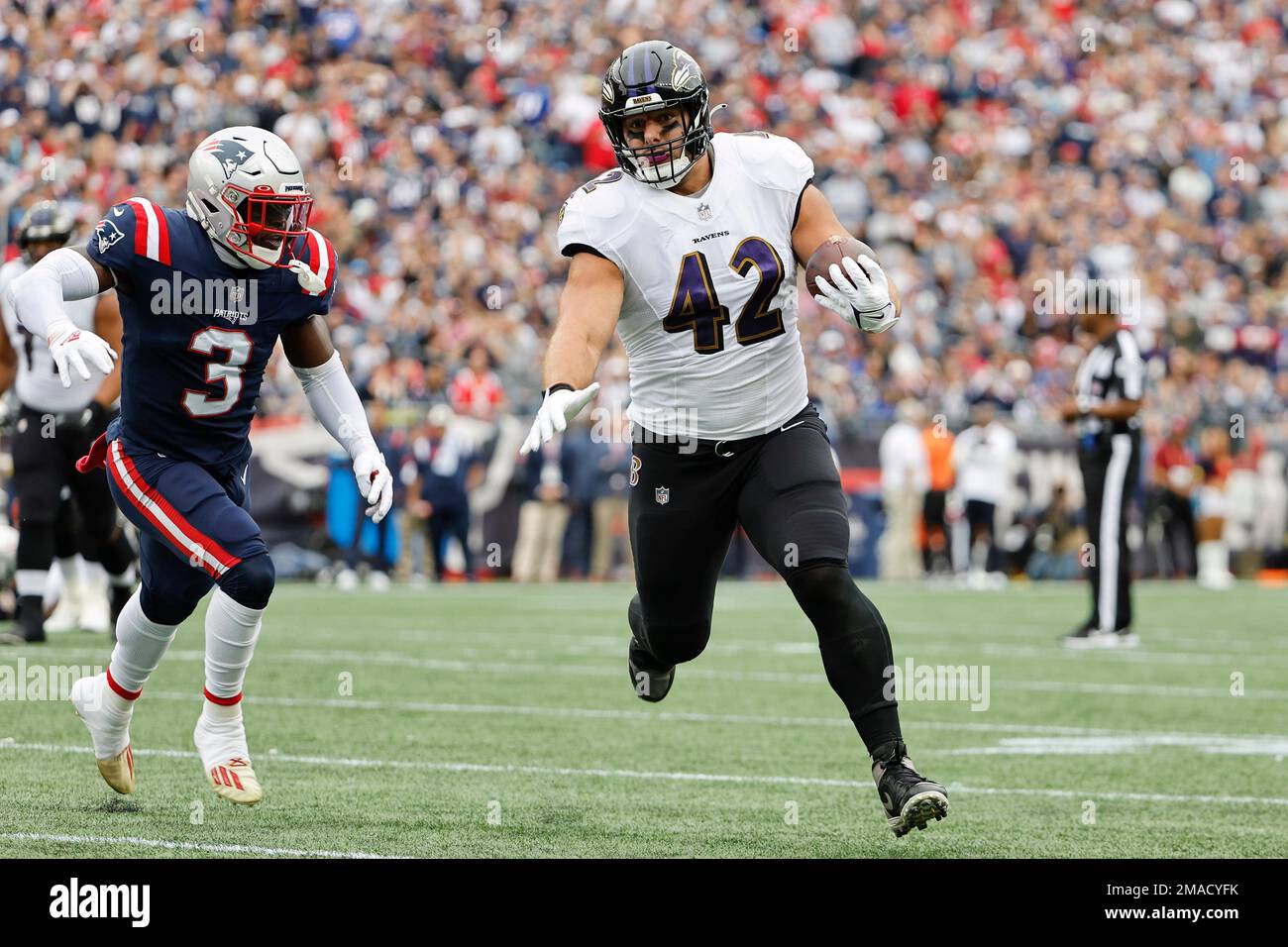 Baltimore Ravens fullback Patrick Ricard runs against the New England ...
