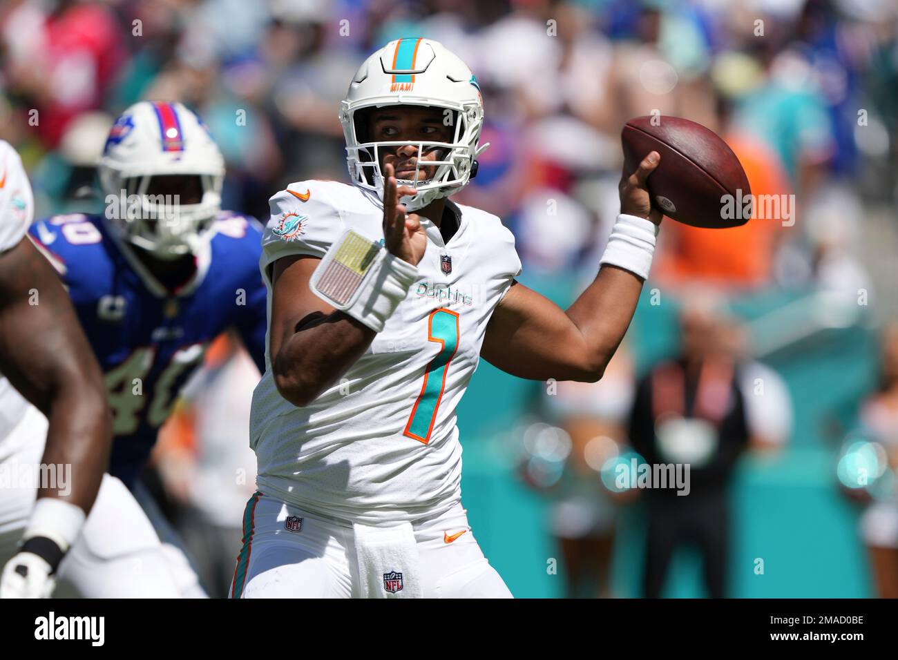 Miami Dolphins quarterback Tua Tagovailoa (1) makes a pass attempt during an NFL football game ...