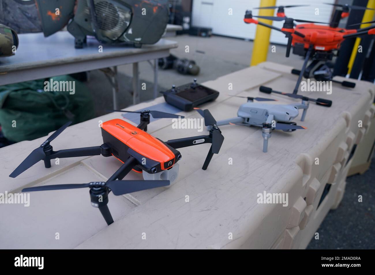Different types of drones are displayed for a visit at the U.S. Coast ...