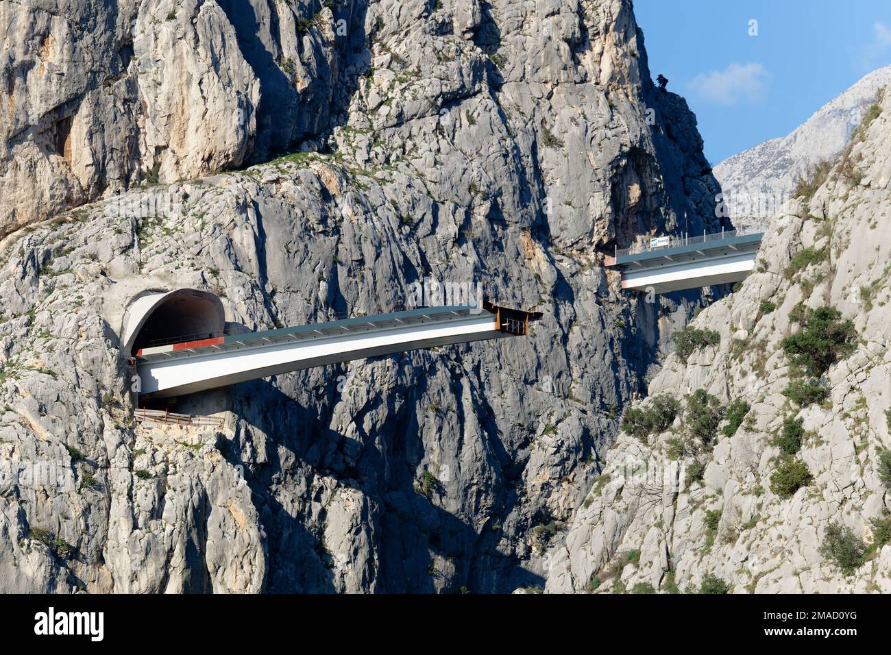 Unfinished bridge in Omis, Croatia over the river Cetina. Bridge being ...