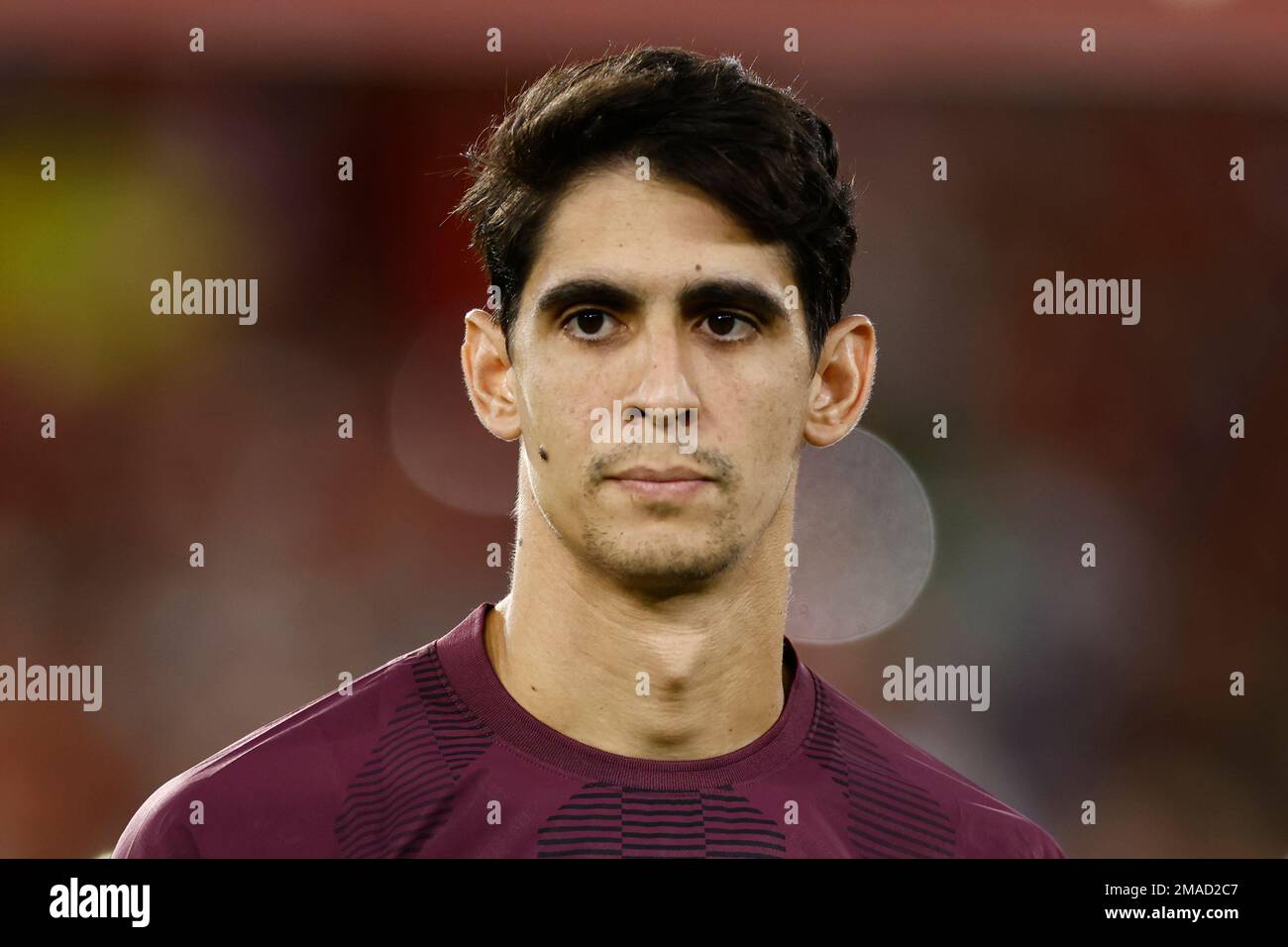 Morocco's Goalkeeper Yassine Bounou stands during the national anthems ...