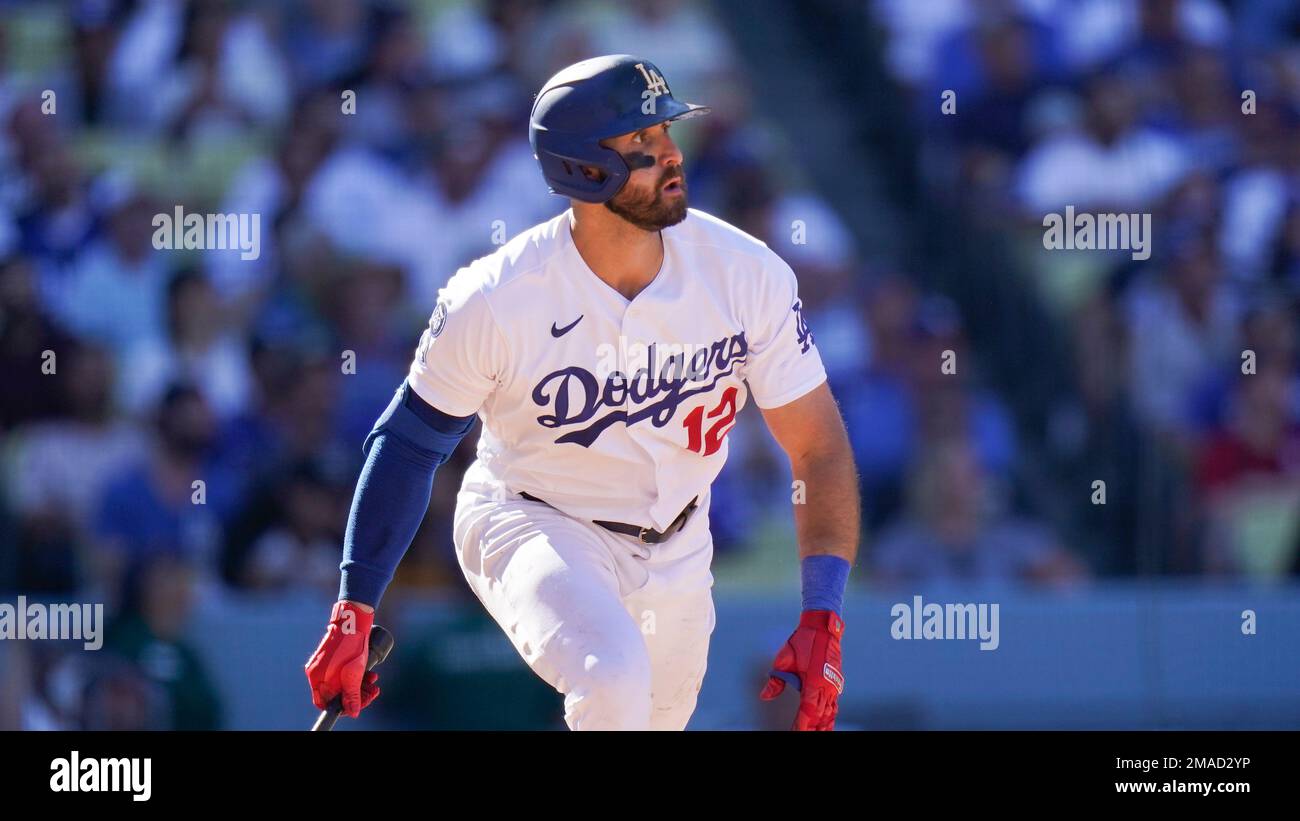 Los Angeles Dodgers' Joey Gallo watches his hit during the eighth ...