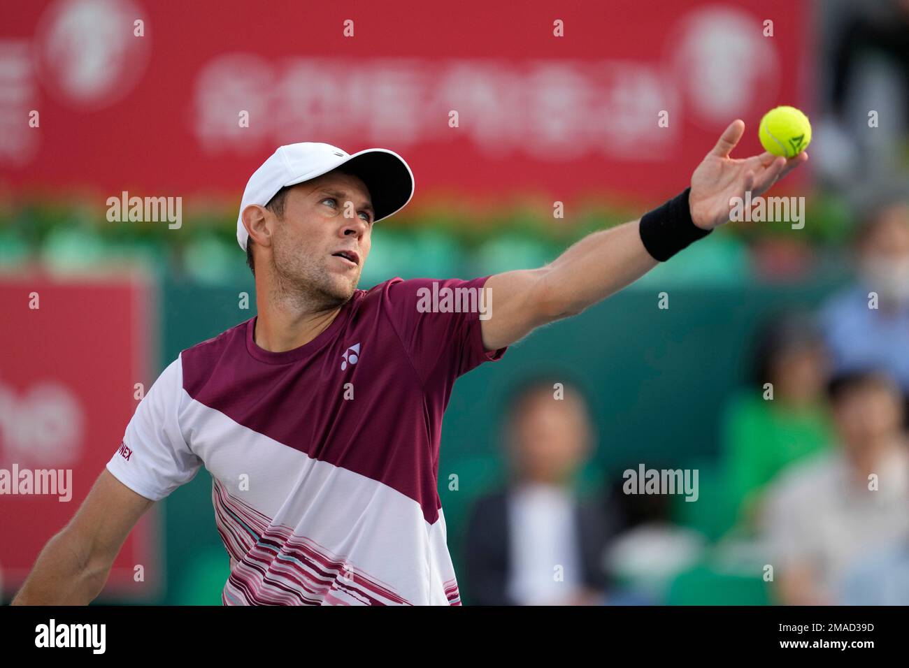 Radu Albot of Moldova serves to Steve Johnson, of the United States ...