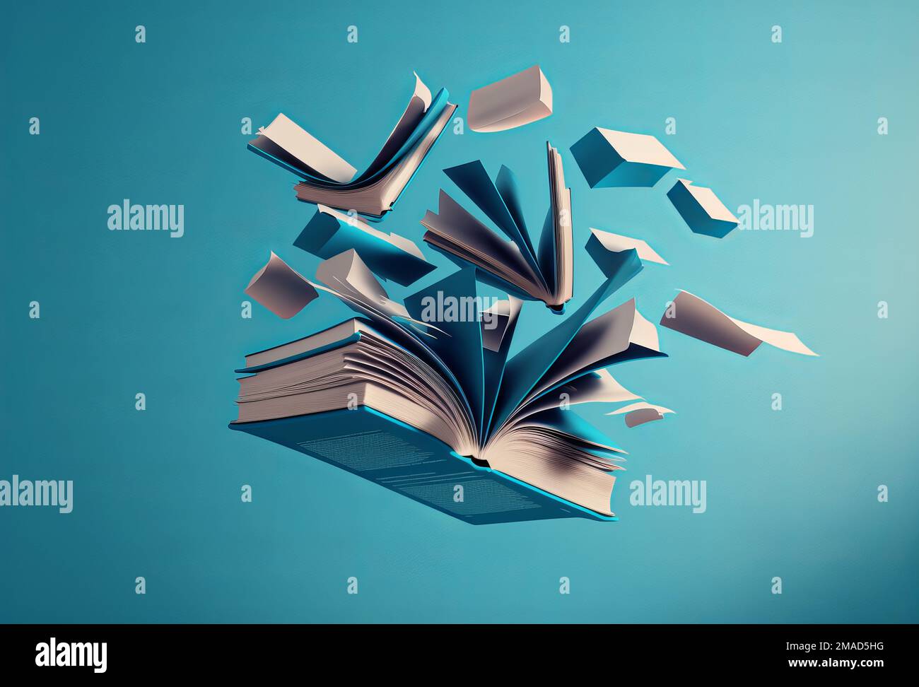 A blue open book with pages flying from it. Generative ai Stock Photo ...