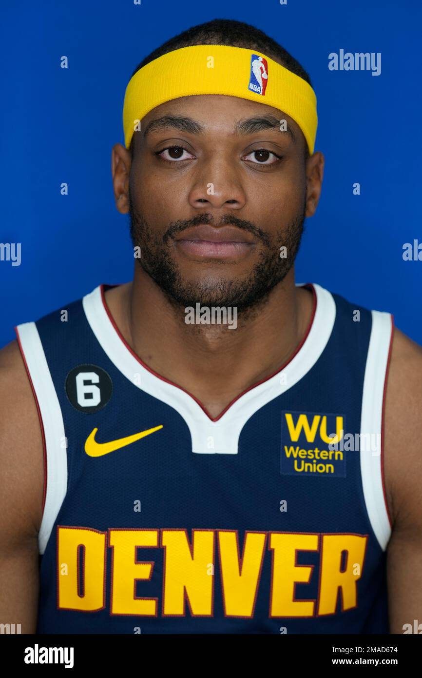 Denver Nuggets forward Bruce Brown (11) is shown during the NBA basketball team's media day ...