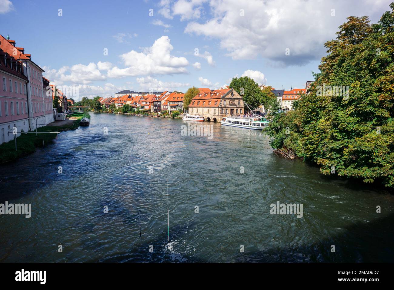 A beautiful landscape of river Regnitz in the ancient Bamberg City ...