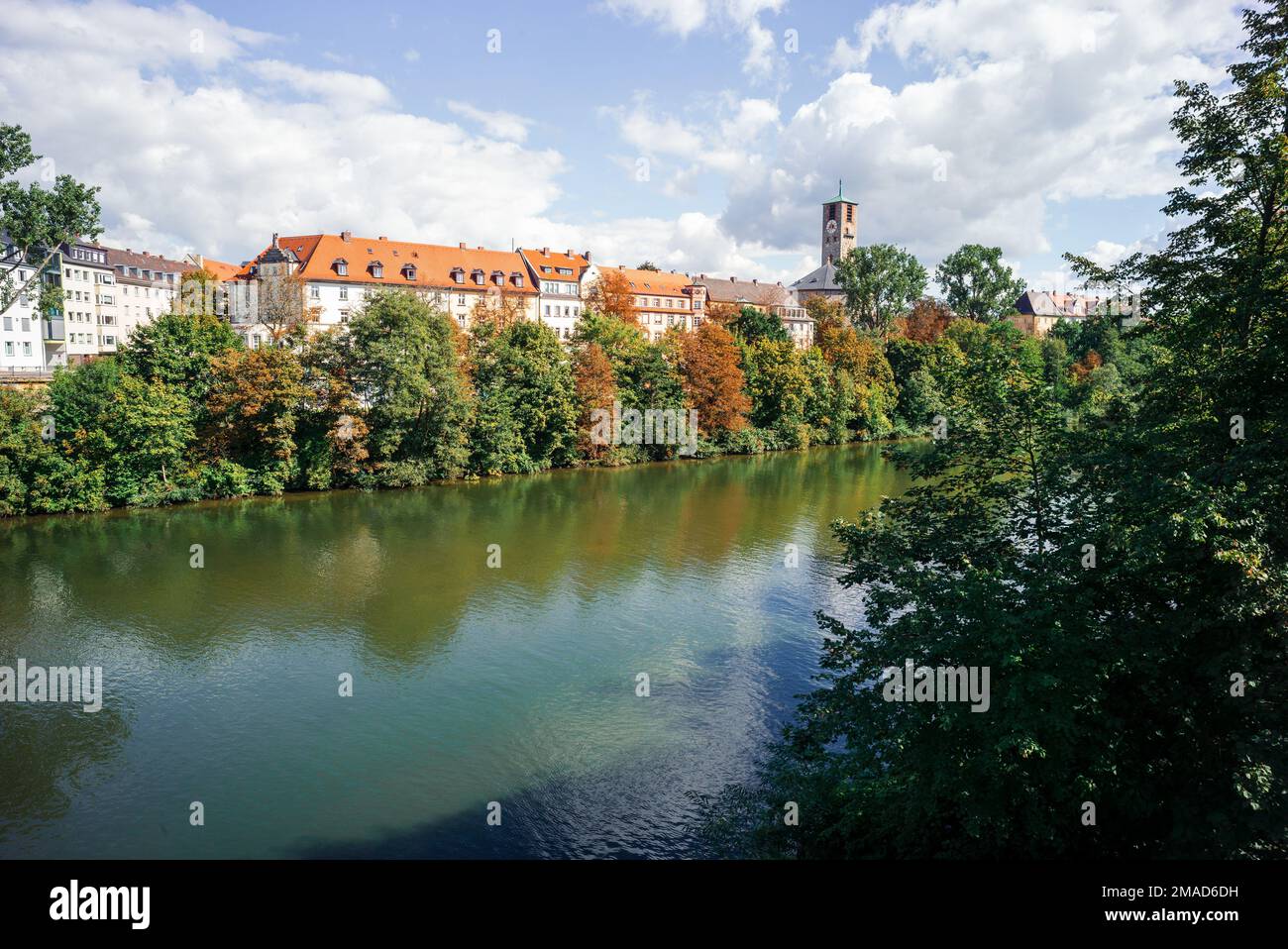 A beautiful landscape of river Regnitz in the ancient Bamberg City ...