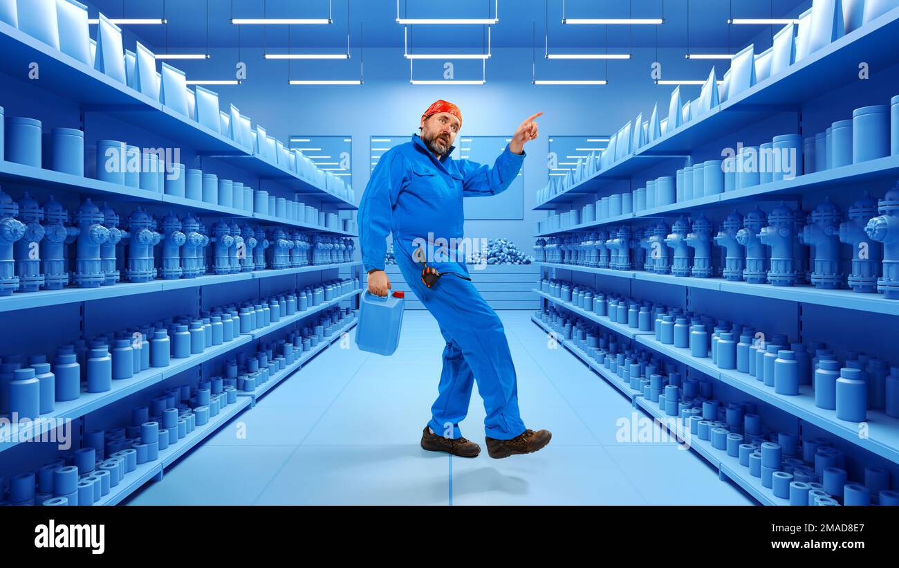 Funny worker, mechanic or builder dancing during shopping. Portrait of ...