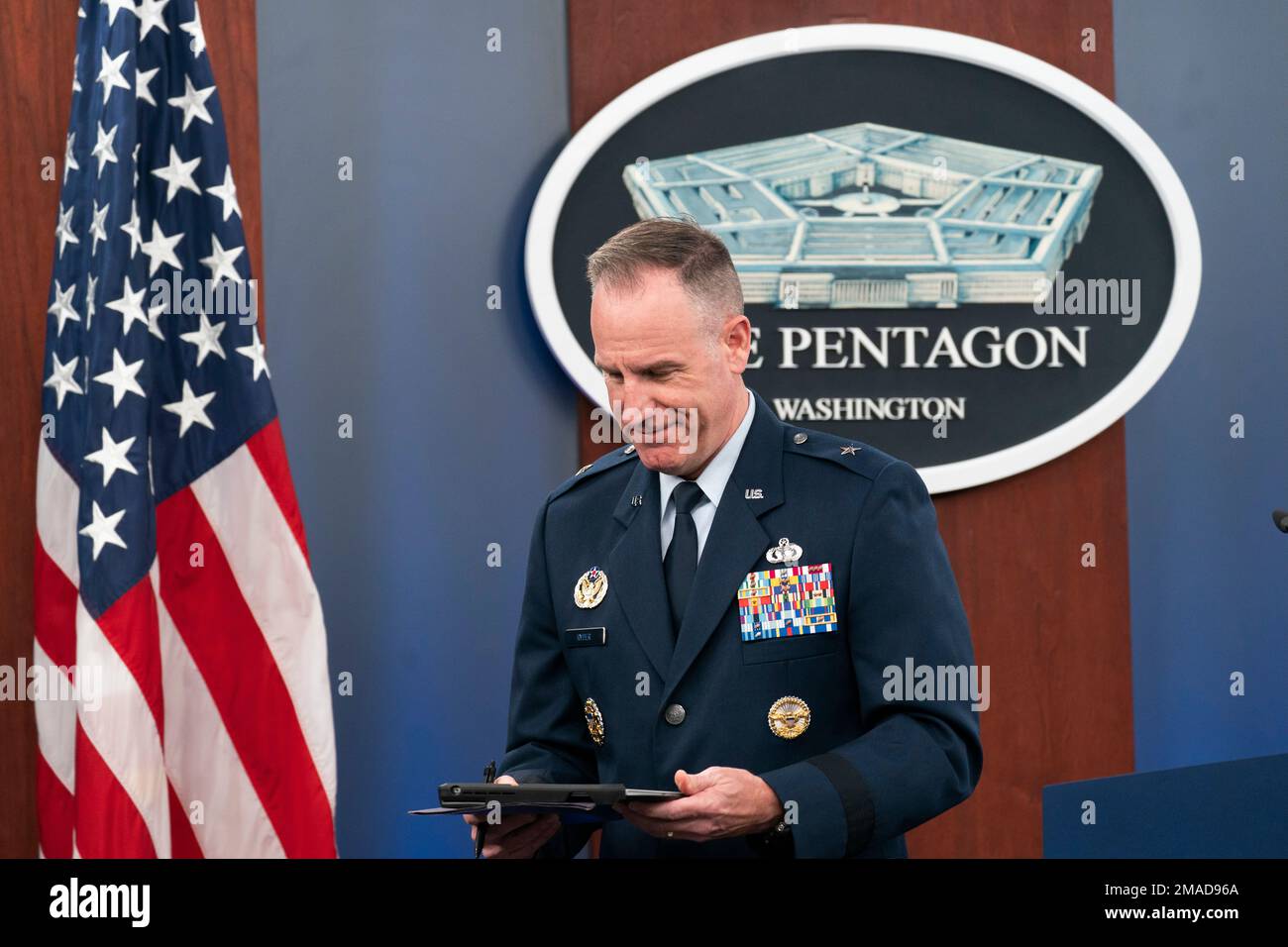Pentagon spokesman U.S. Air Force Brig. Gen. Patrick Ryder departs after speaking during a media ...