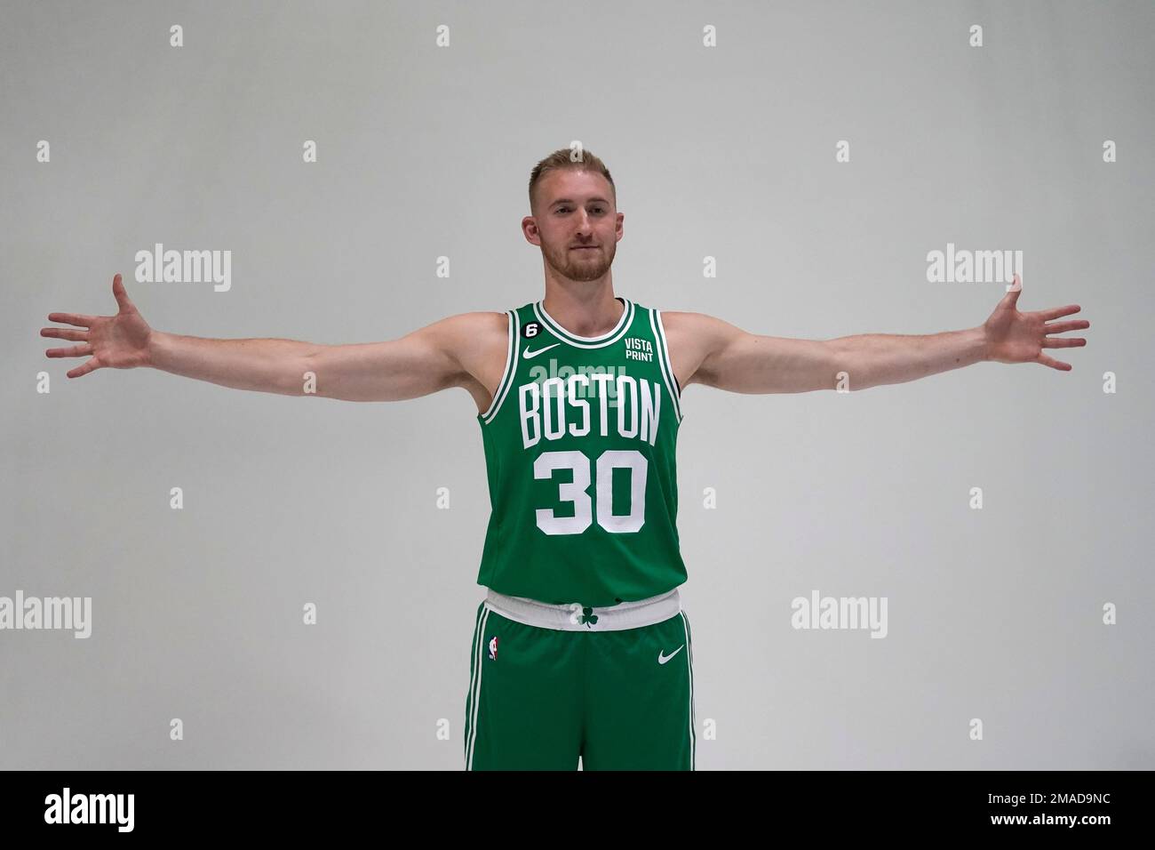 Boston Celtics forward Sam Hauser poses for a photo during Boston ...