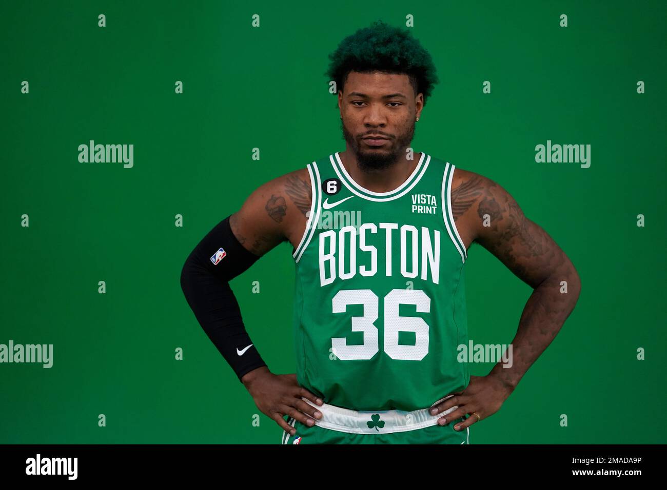 Boston Celtics guard Marcus Smart poses for a photo during Boston ...