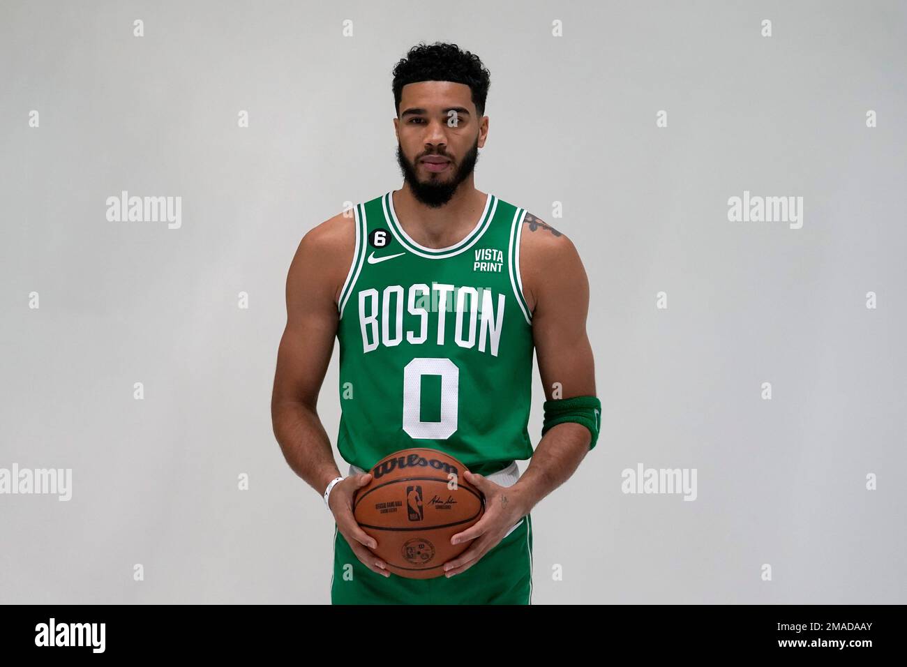 Boston Celtics forward Jayson Tatum poses for a photo during Boston ...