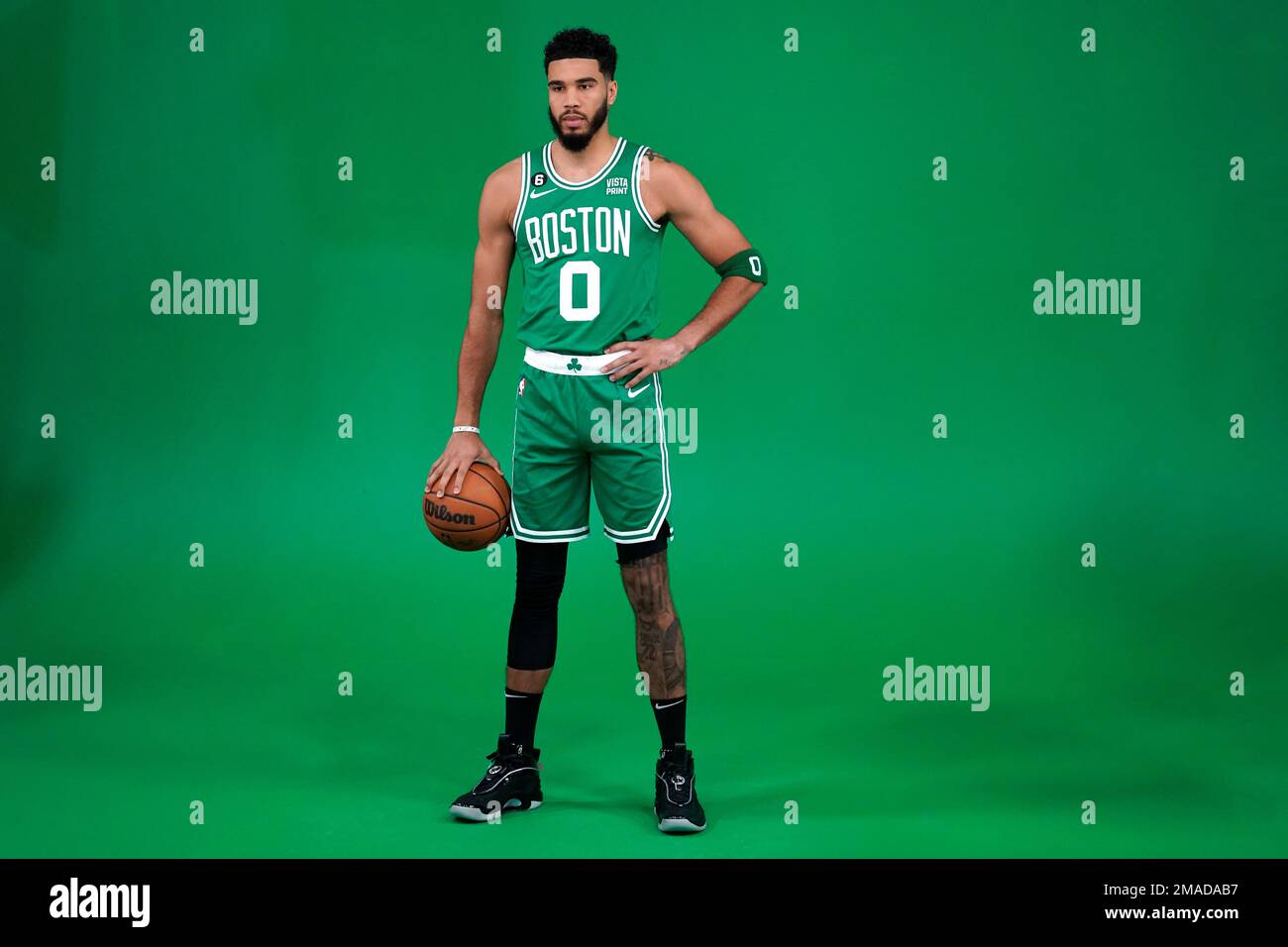 Boston Celtics forward Jayson Tatum poses for a photo during Boston ...