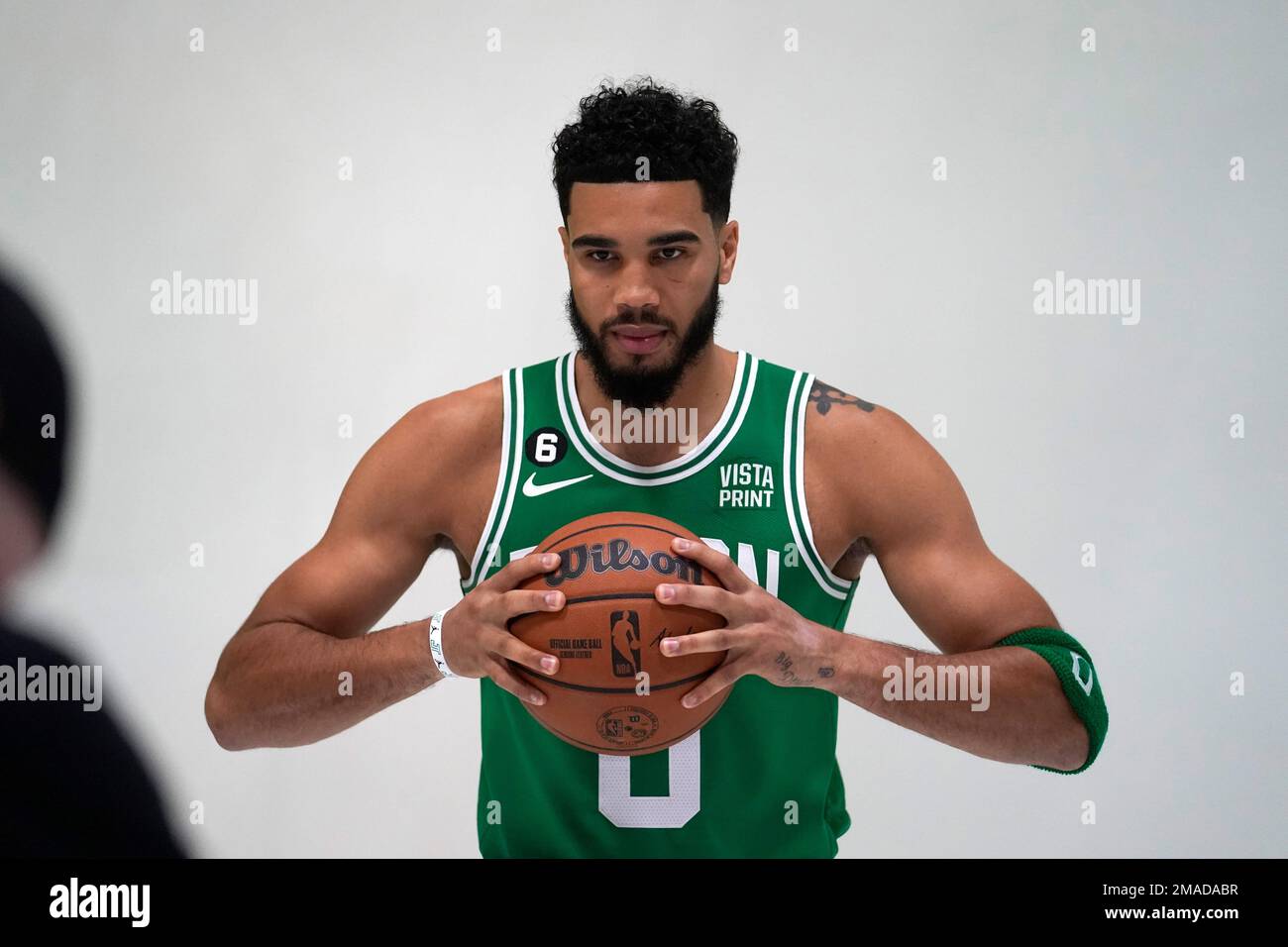 Boston Celtics forward Jayson Tatum poses for a photo during Boston ...