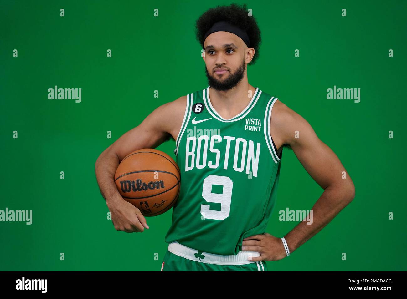 Boston Celtics guard Derrick White poses for a photo during Boston ...