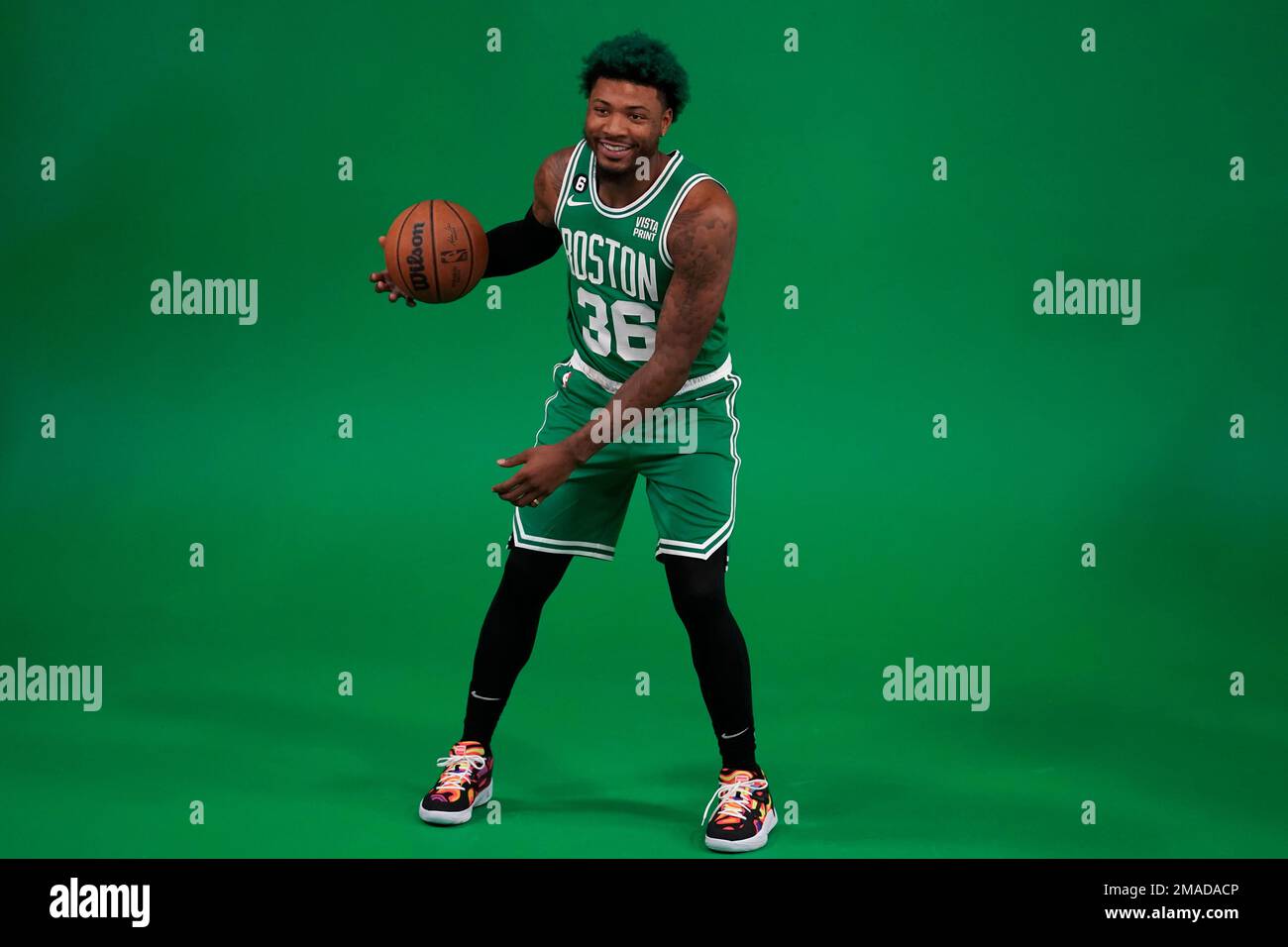 Boston Celtics guard Marcus Smart poses for a photo during Boston ...