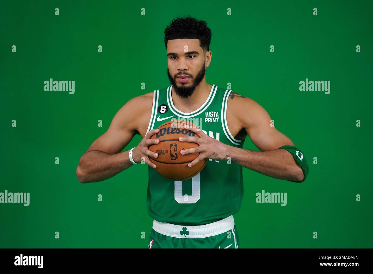 Boston Celtics forward Jayson Tatum poses for a photo during Boston ...