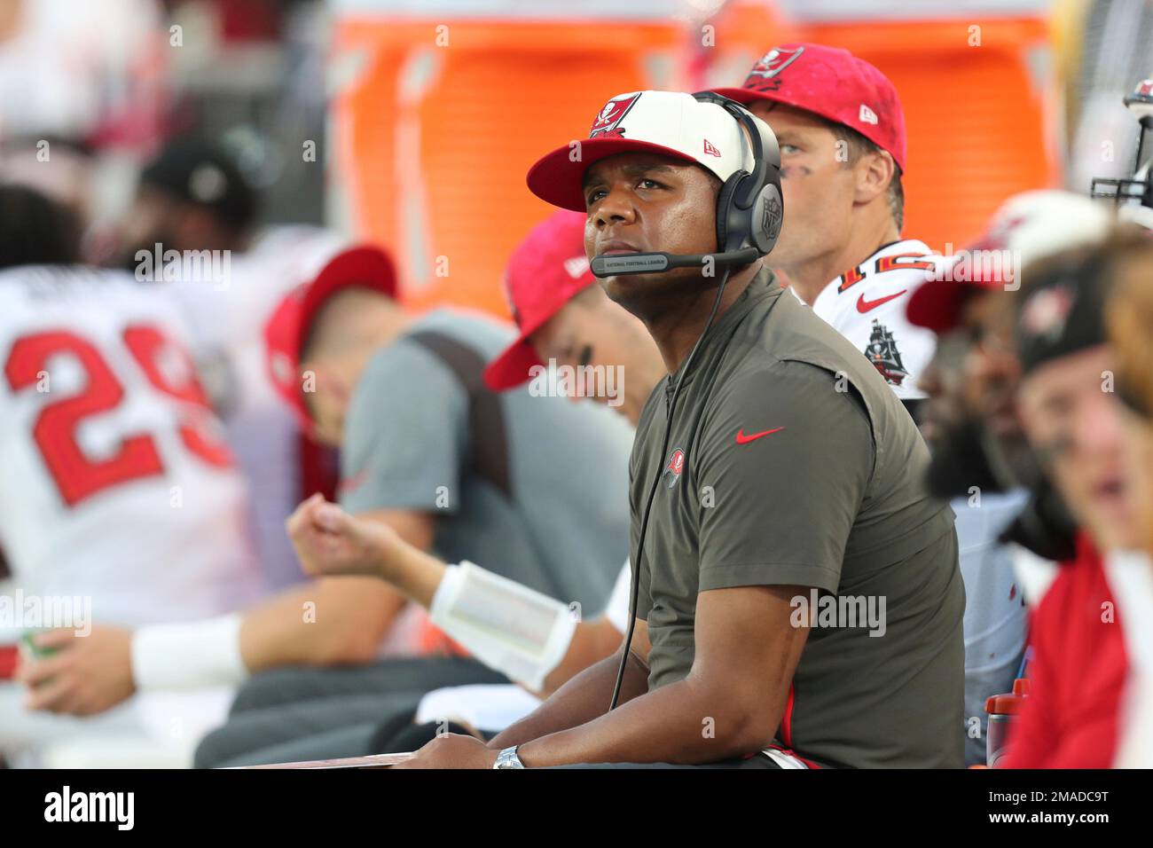 Tampa Bay Buccaneers offensive coordinator Byron Leftwich watches a ...