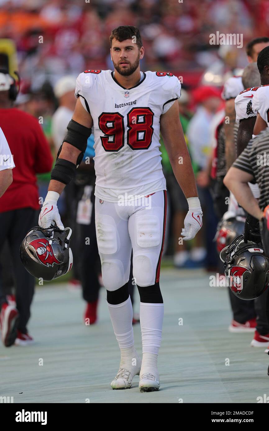 Tampa Bay Buccaneers linebacker Anthony Nelson (98) walks the sideline ...