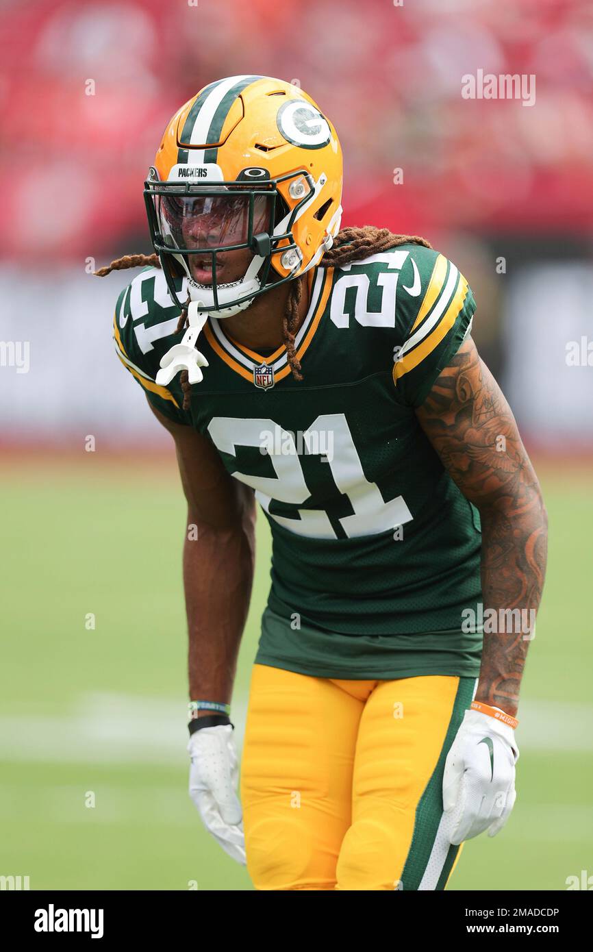 Green Bay Packers cornerback Eric Stokes (21) waits on the snap during ...