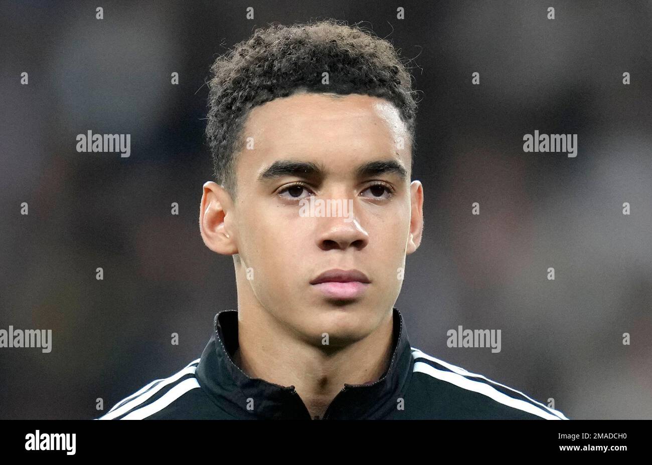 Germany's Jamal Musiala stands during the anthems ahead of the UEFA ...