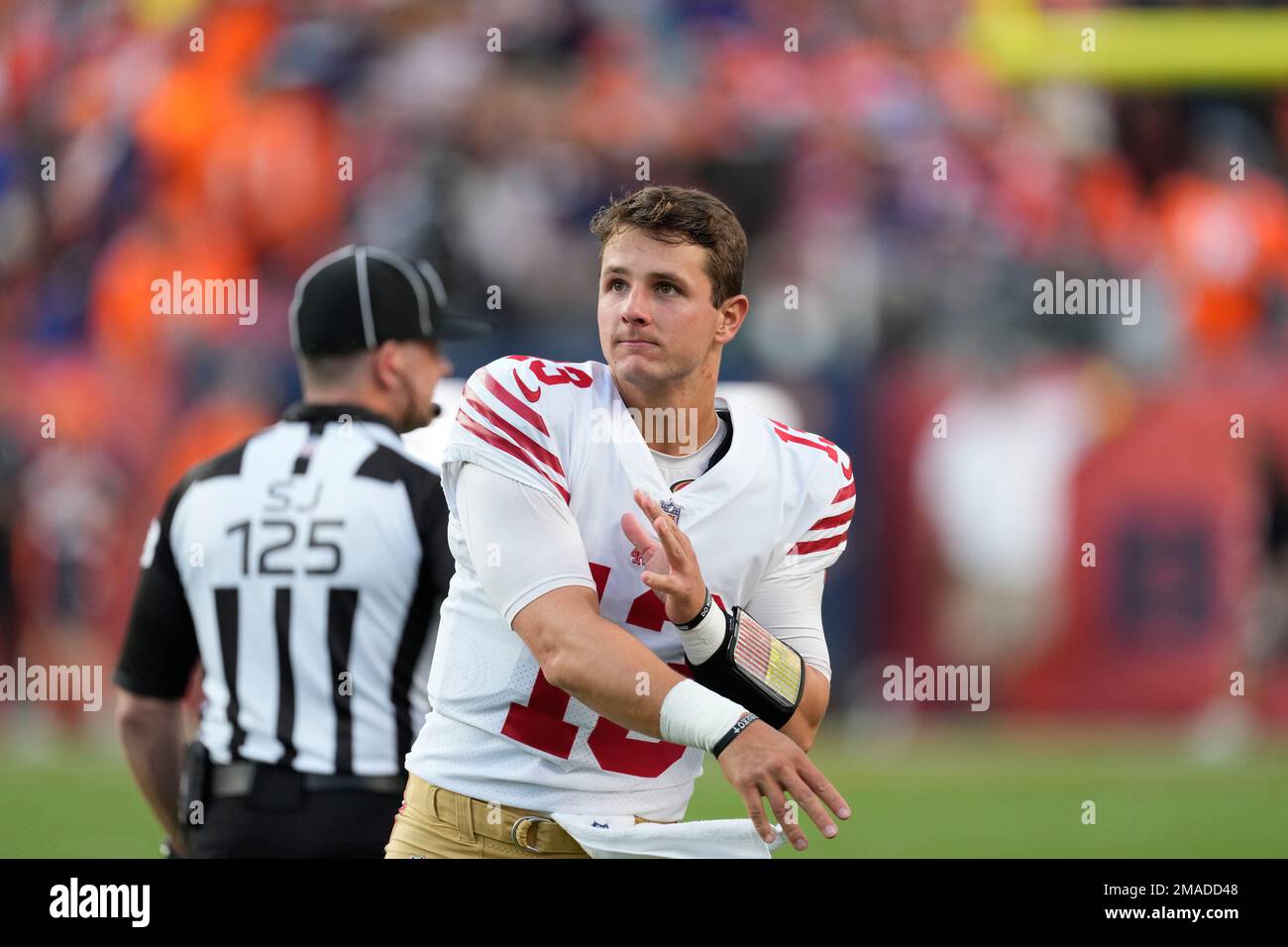 San Francisco 49ers quarterback Brock Purdy (13) an NFL football game ...