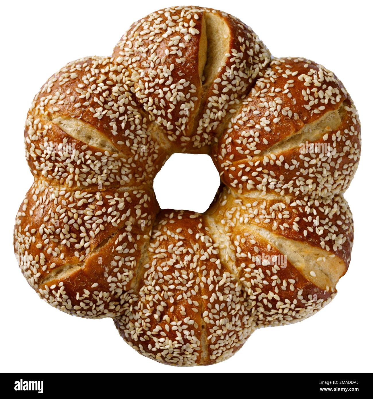 Eating continental breakfast - gold bread roll (bagel) with sesame ...