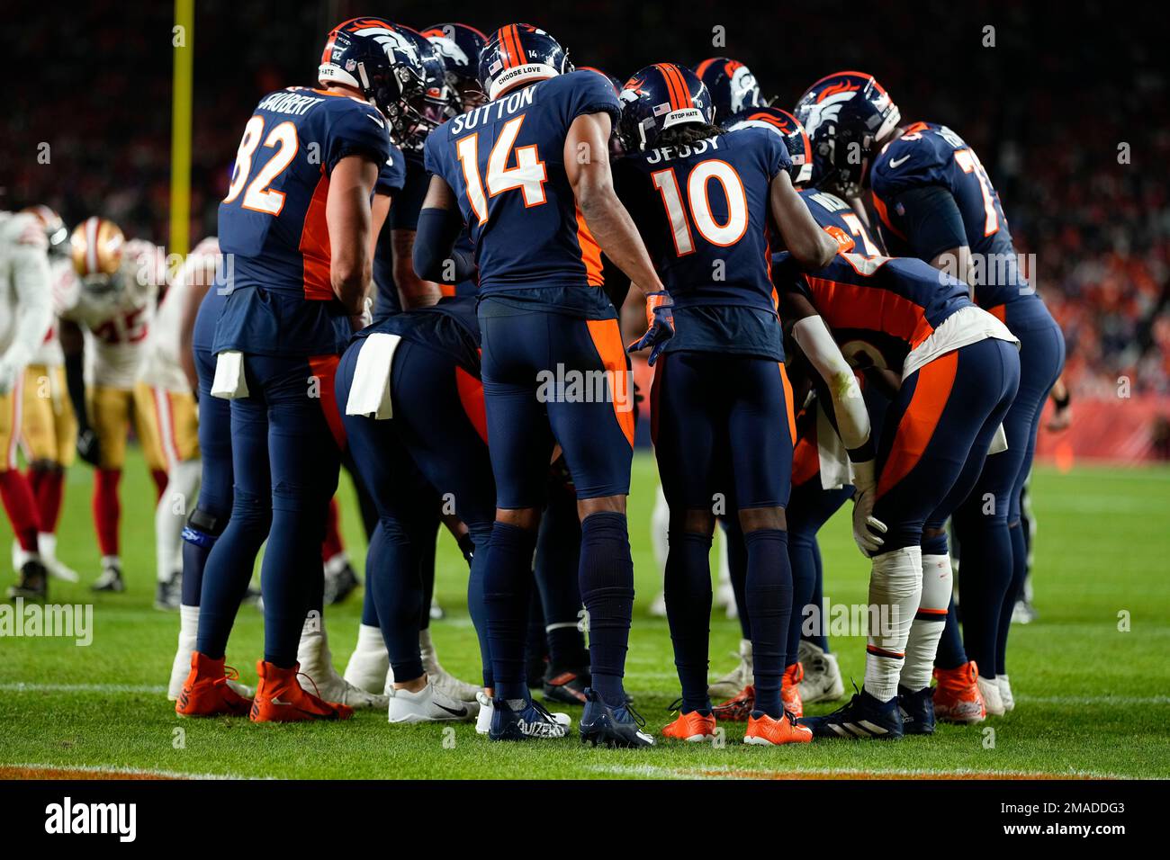 Denver Broncos huddles against the San Francisco 49ers during an NFL ...