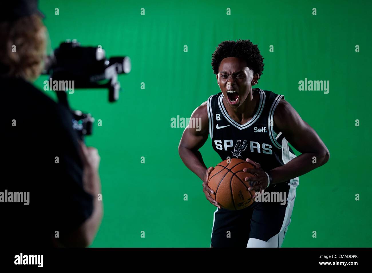 San Antonio Spurs guard Joshua Primo, right, poses for photos during ...