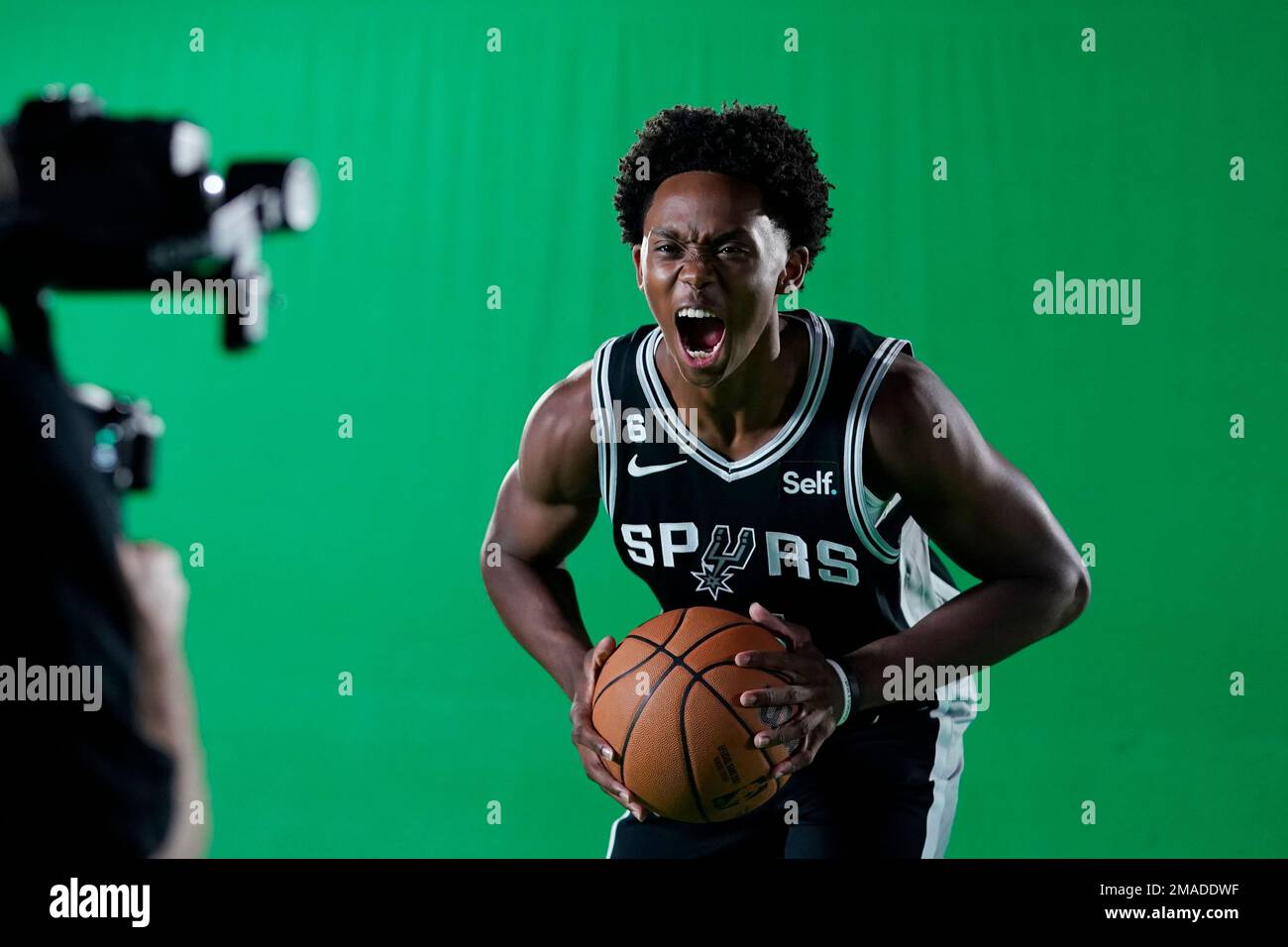San Antonio Spurs guard Joshua Primo (11) poses for photos during the ...