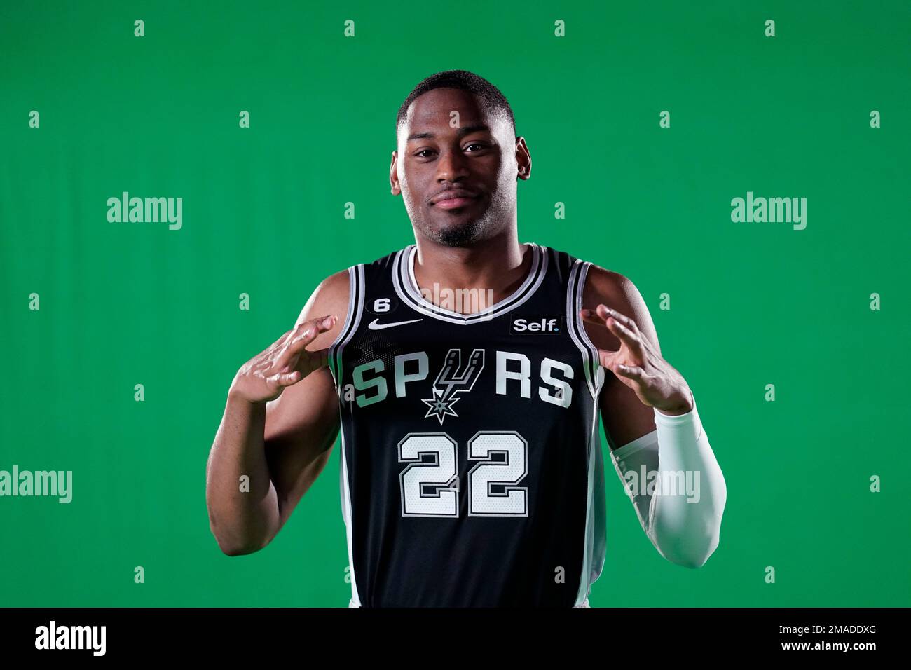 San Antonio Spurs guard Malaki Branham (22) poses for photos during the ...