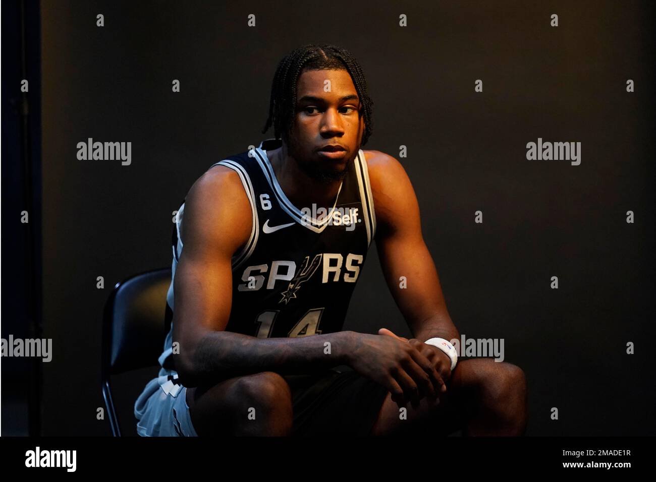 San Antonio Spurs guard Blake Wesley (14) poses for photos during the ...