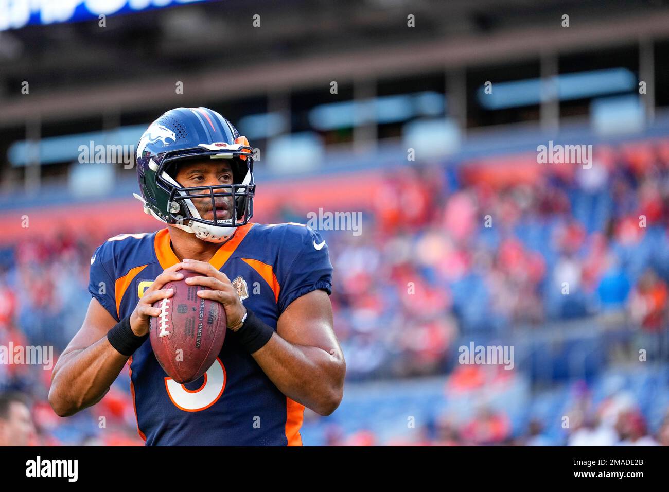 Denver Broncos quarterback Russell Wilson (3) warms up before an NFL ...