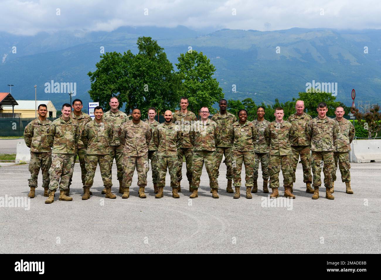 U.S. Air Force Airmen deployed to Aviano Air Base, Italy, pose for a ...