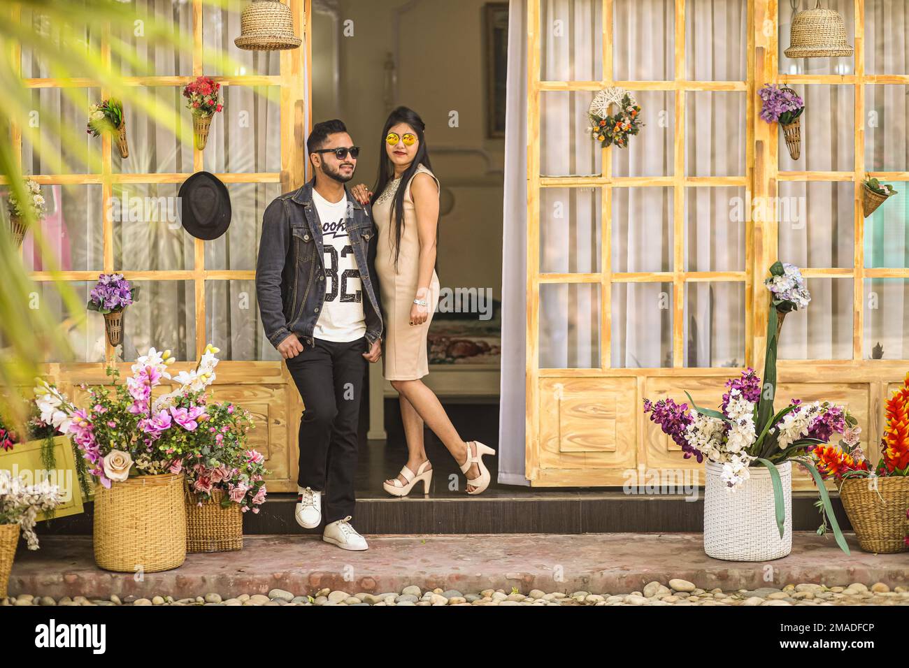 Pre wedding shoot of a young Indian couple at Photo Paradise studio in Delhi India. Romantic ...