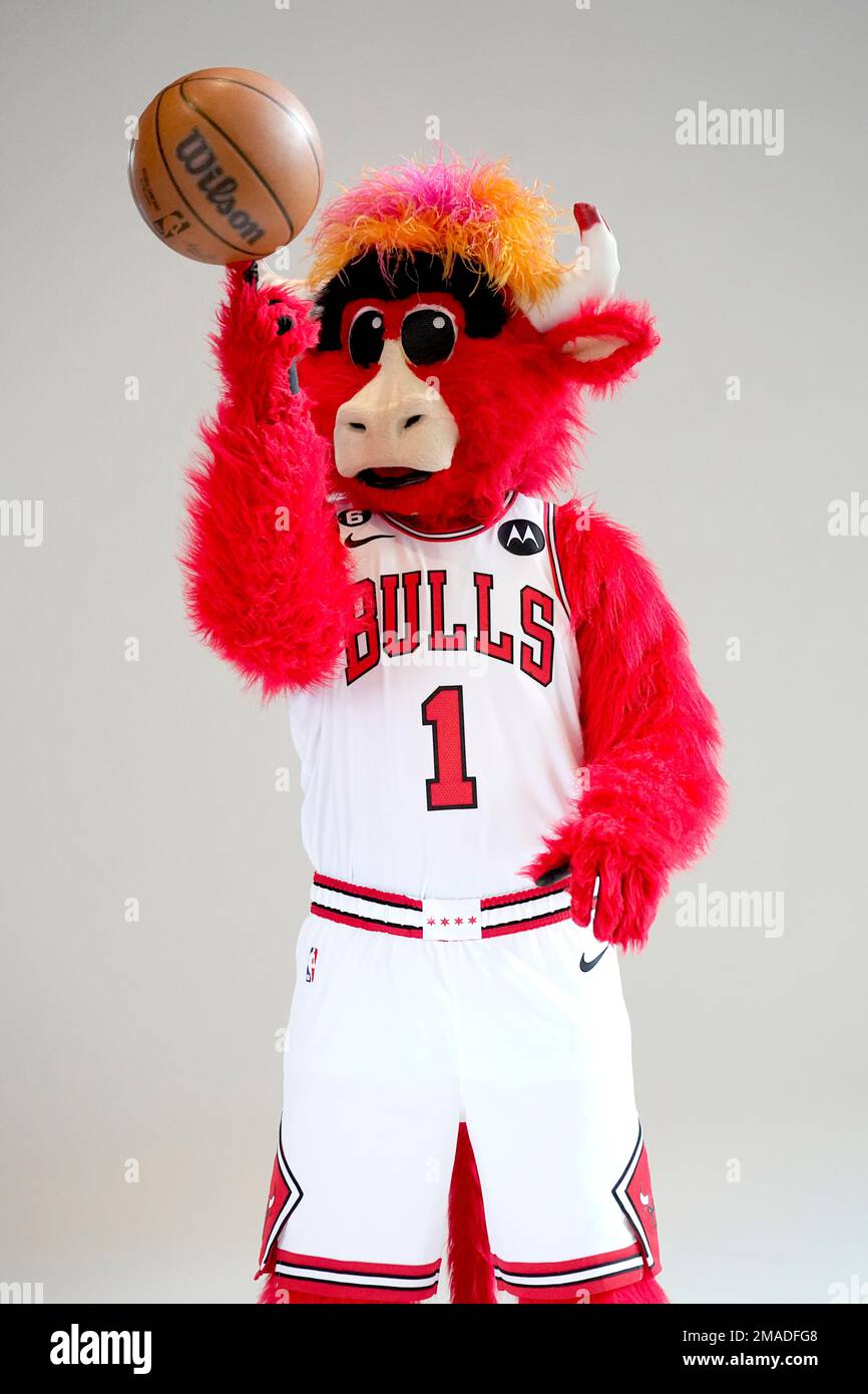 Chicago Bulls' mascot Benny The Bull spins the ball on his finger ...