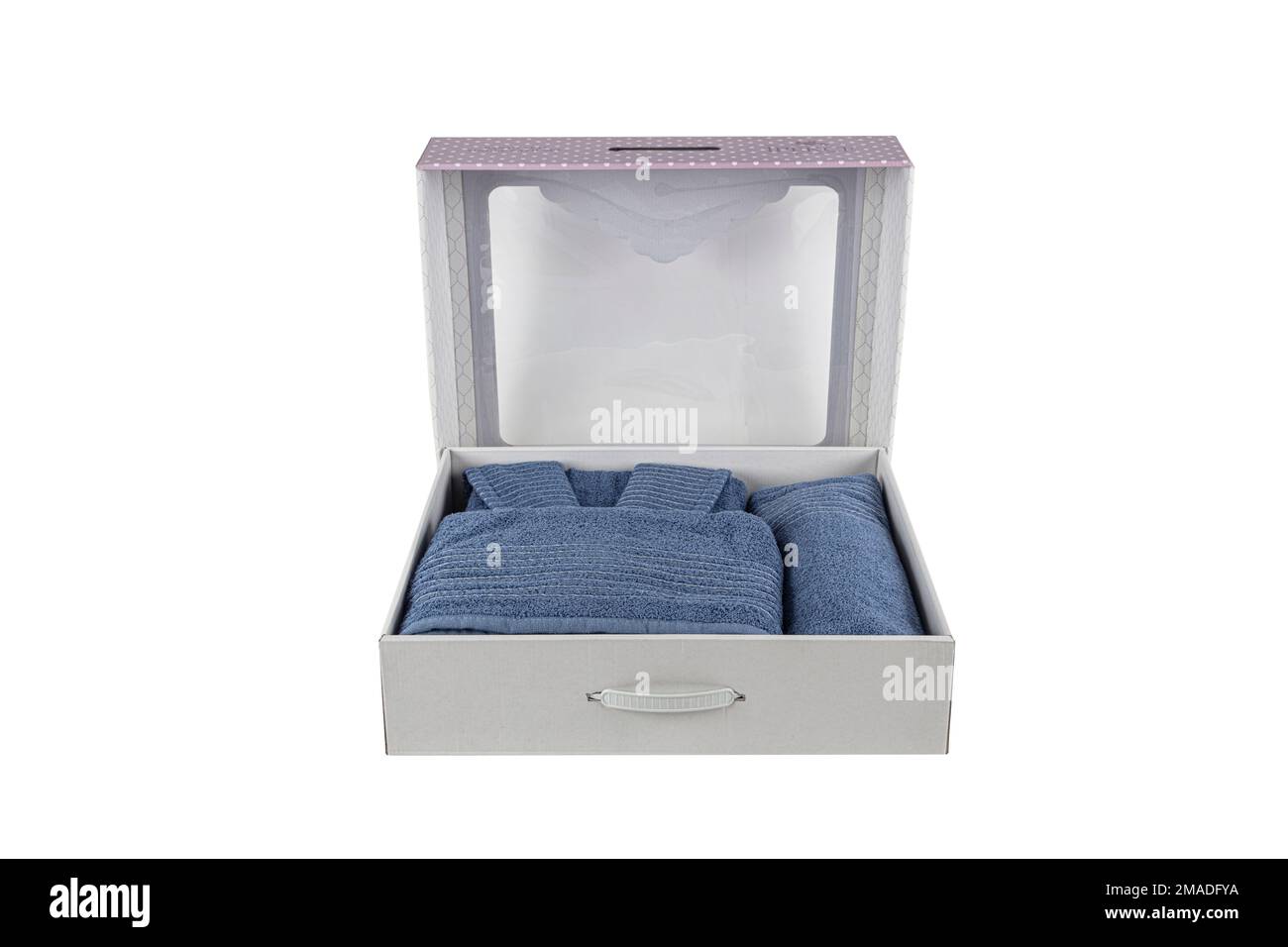 Folded Bath Towel Set and bath robe set. Bathrobe and slippers isolated ...