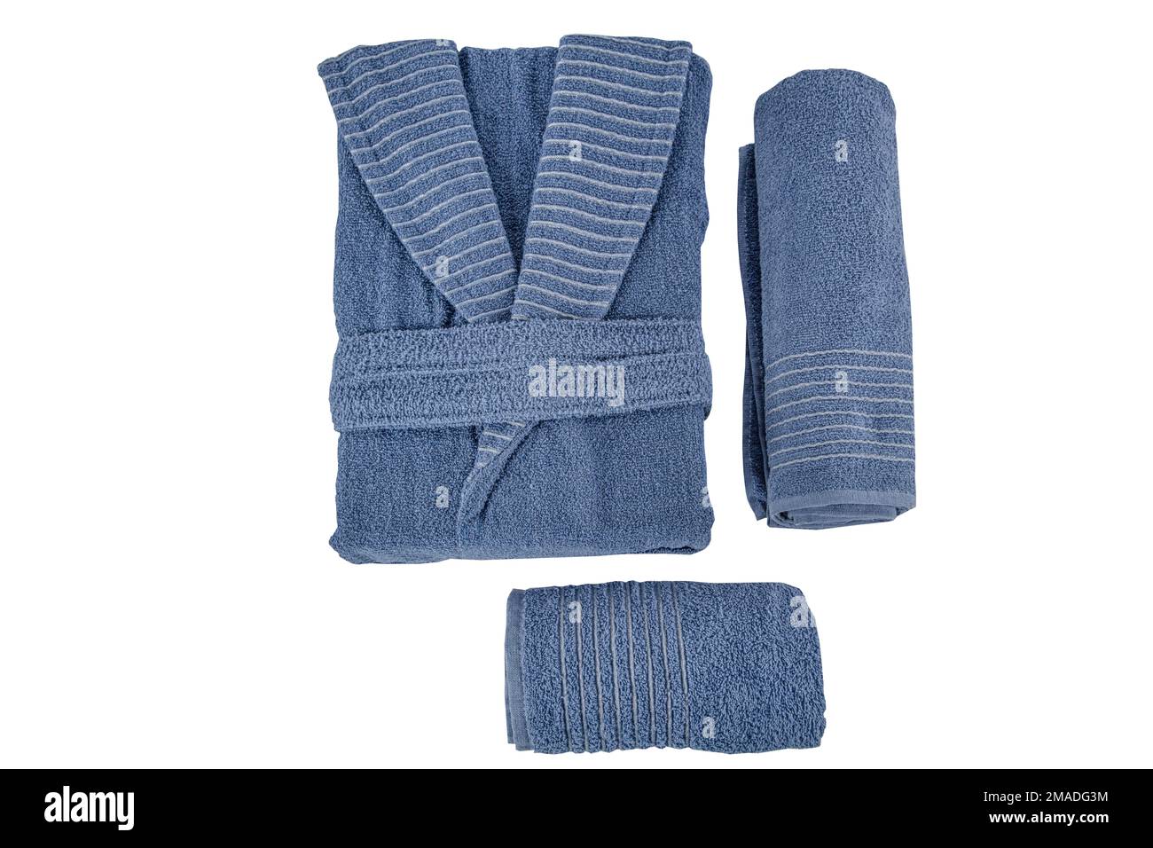 Folded Bath Towel Set and bath robe set. Bathrobe and slippers isolated ...