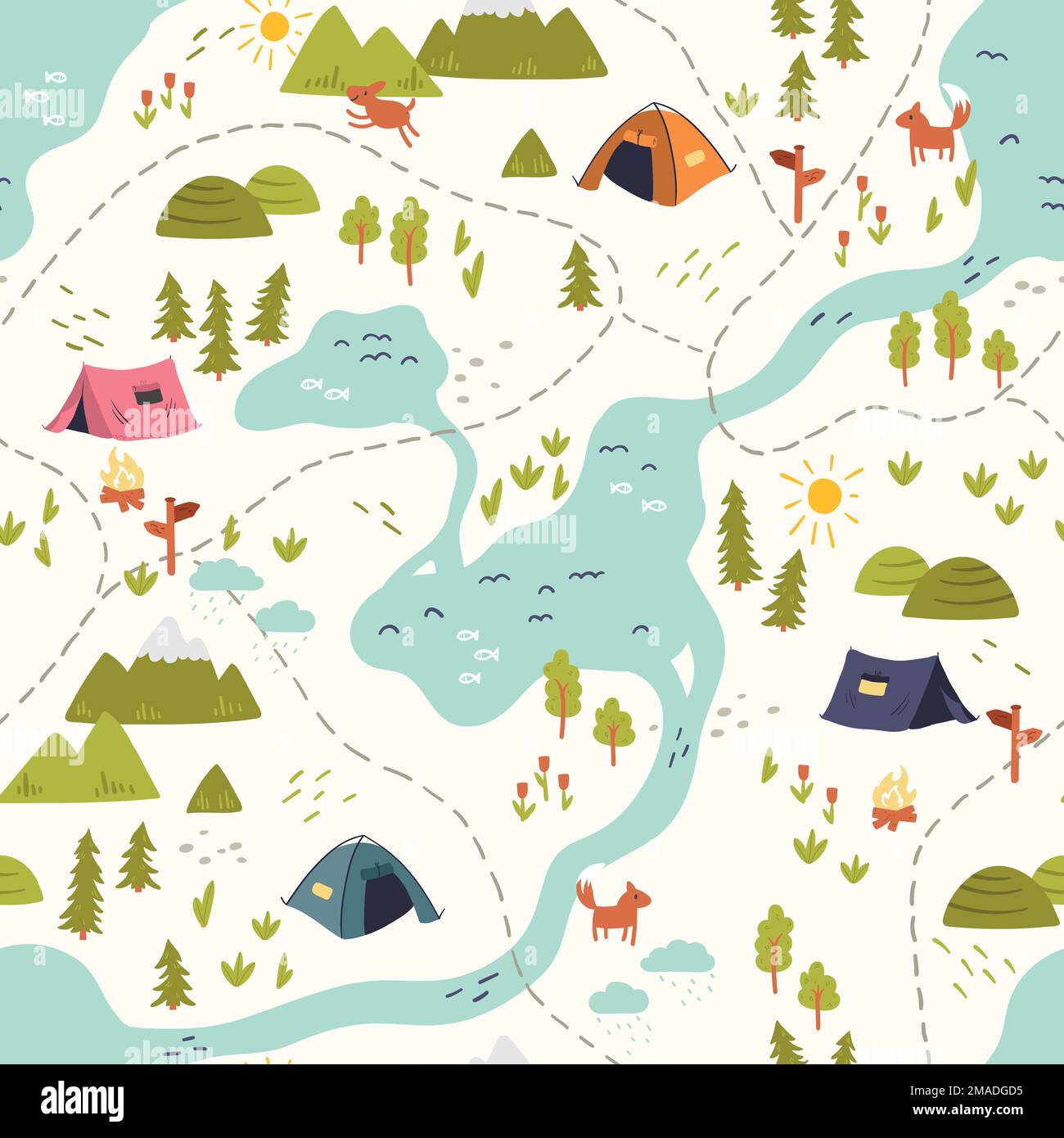 Cute hand drawn vector seamless pattern with camping doodles, tents ...
