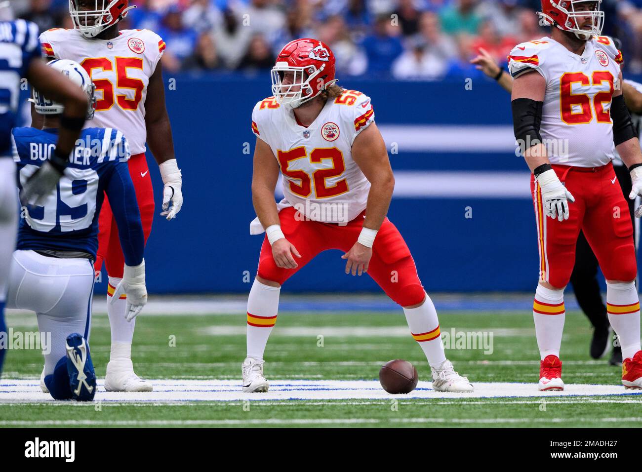 Kansas City Chiefs center Creed Humphrey (52) looks over the defense ...