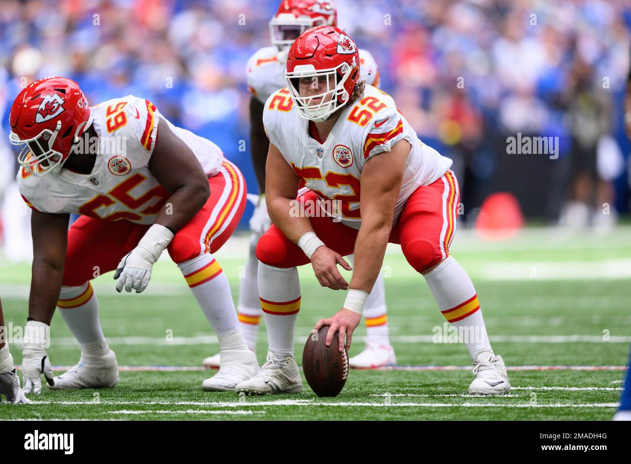 Kansas City Chiefs center Creed Humphrey (52) looks over the defense ...