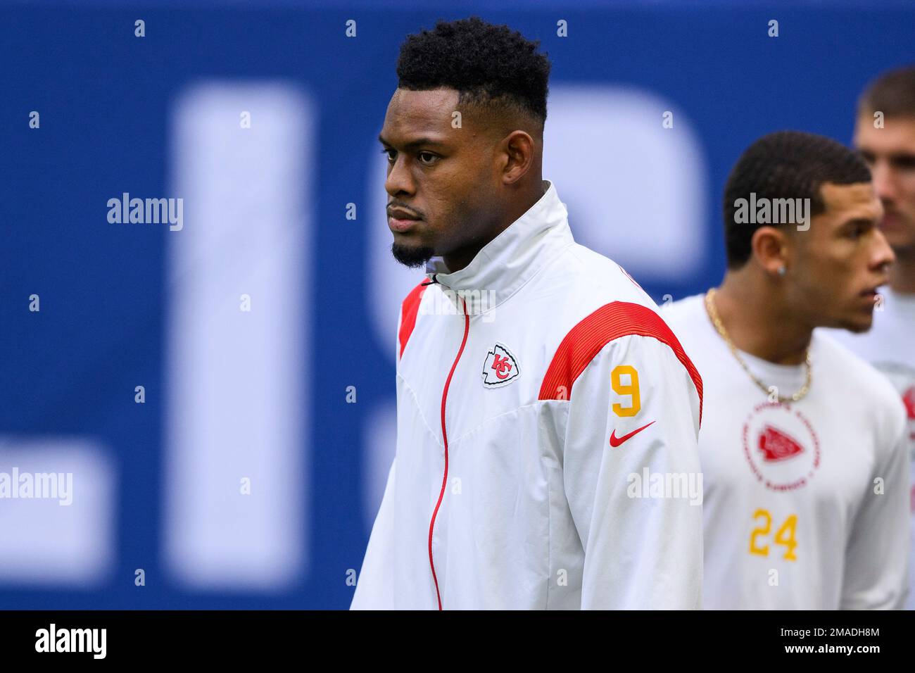 Kansas City Chiefs wide receiver JuJu Smith-Schuster (9) warms up on ...